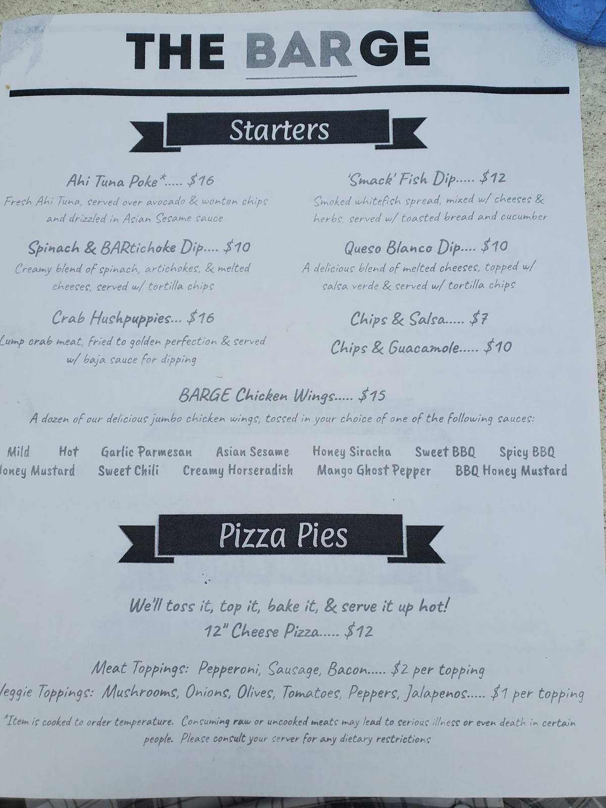 Menu at The BARge, Saugatuck