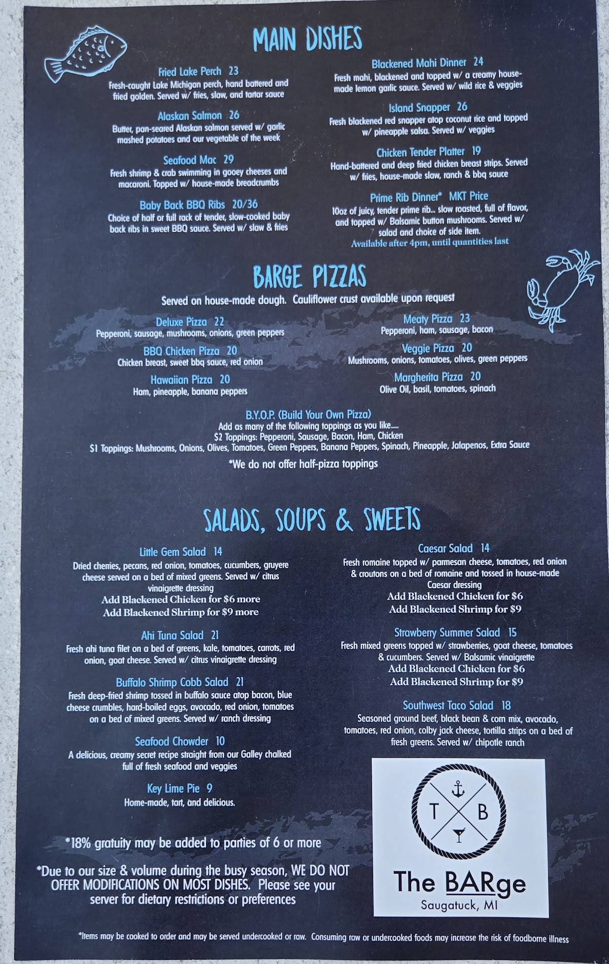 Menu at The BARge, Saugatuck