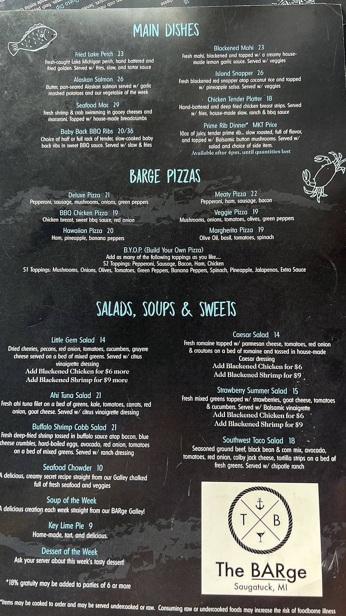 Menu at The BARge, Saugatuck