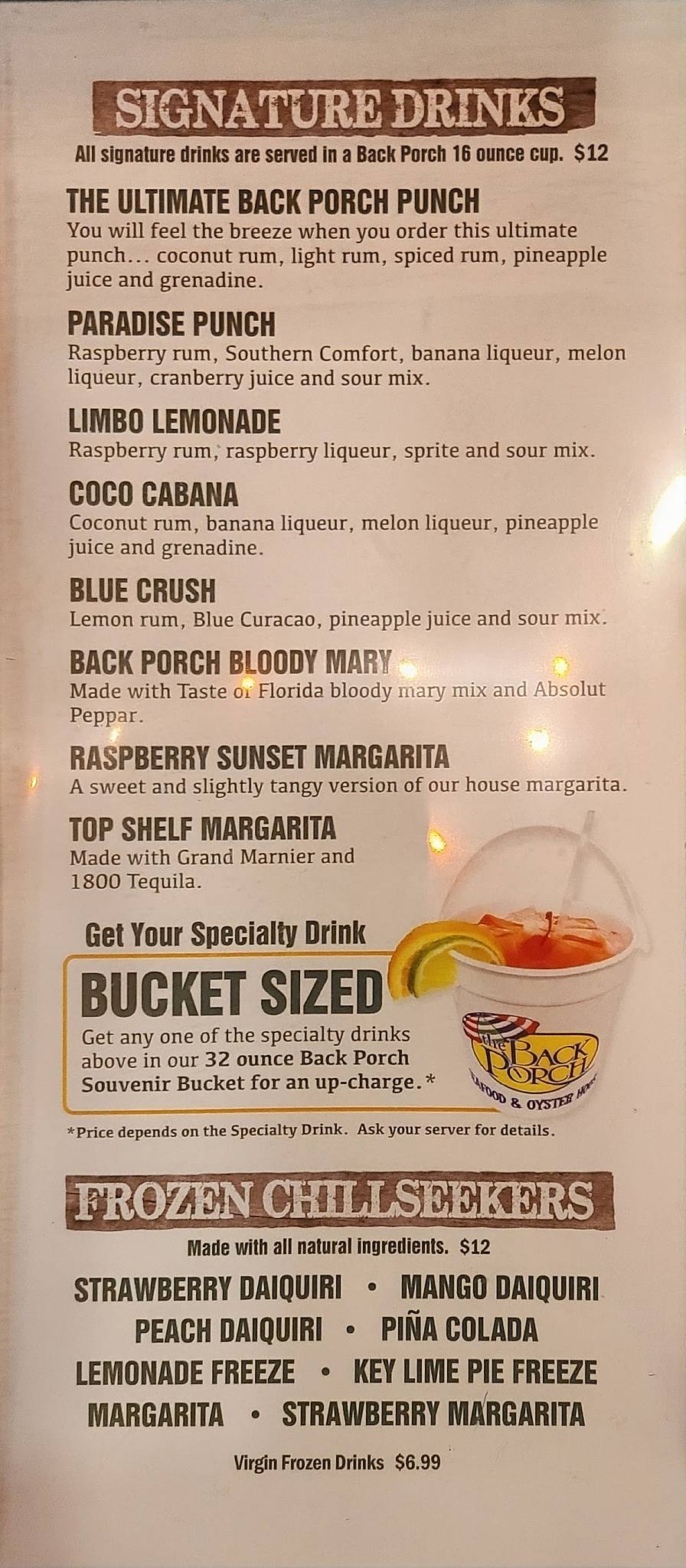 Menu at The Back Porch Seafood & Oyster House restaurant, Panama City ...