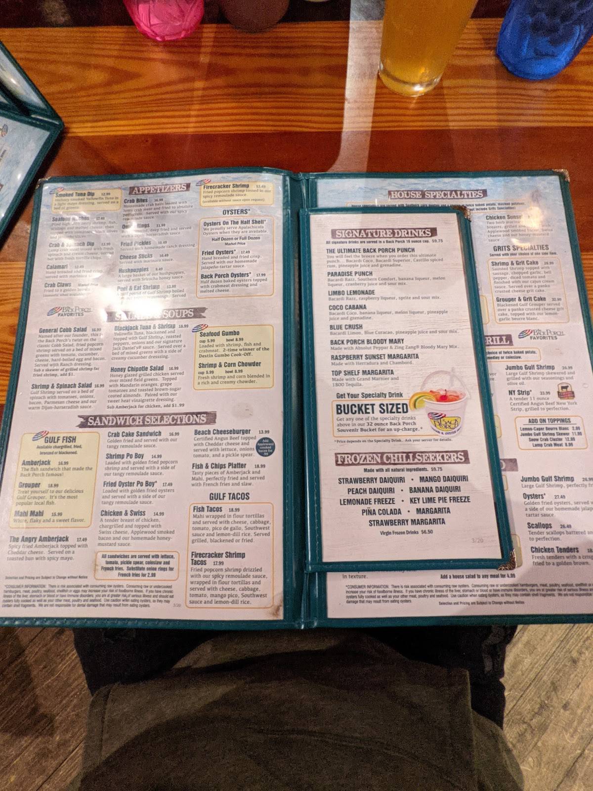 Menu at The Back Porch Seafood & Oyster House restaurant, Panama City ...