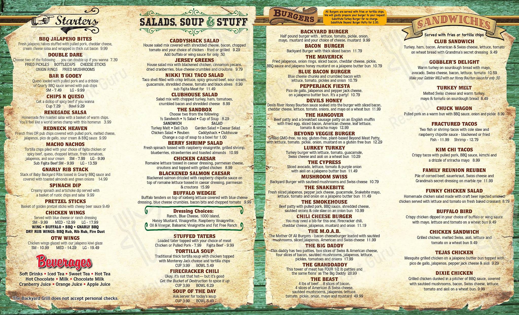 Menu at The Backyard Grill restaurant, Houston, Jones Rd