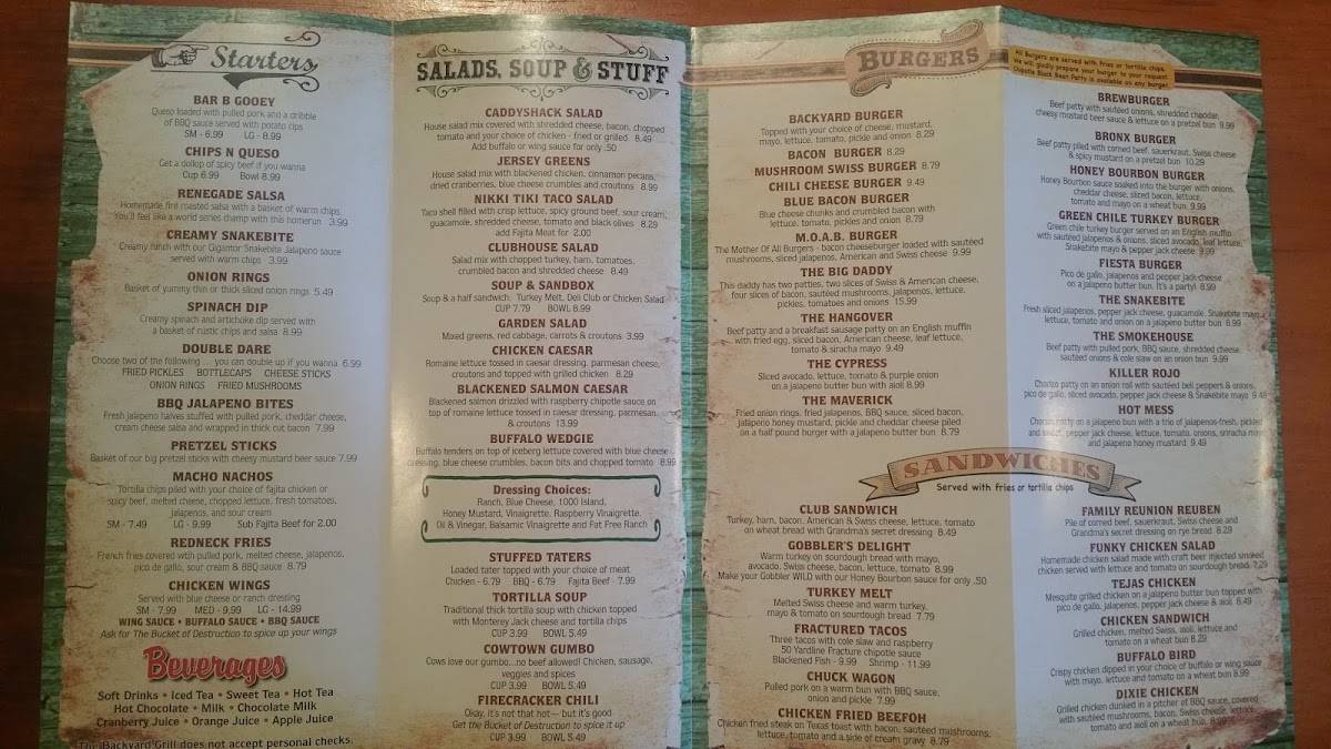 Menu at The Backyard Grill restaurant, Houston, Jones Rd