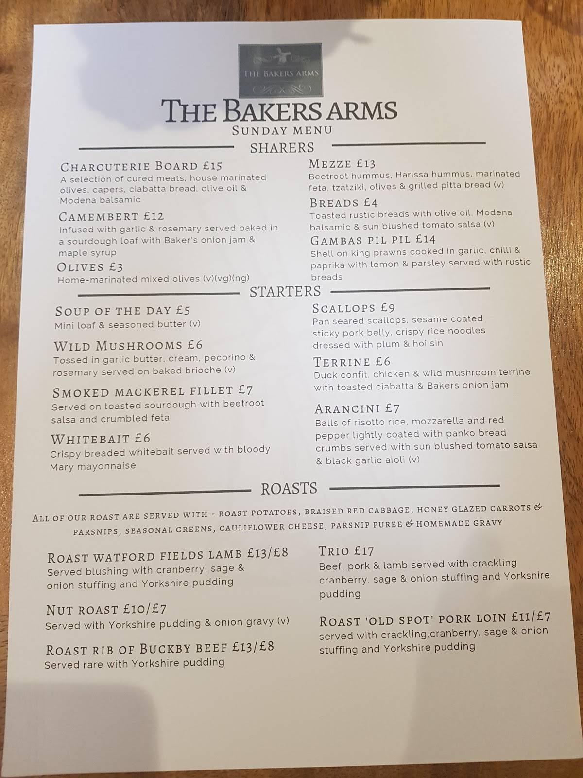 Menu at The Bakers Arms Bugbrooke pub & bar, Northampton