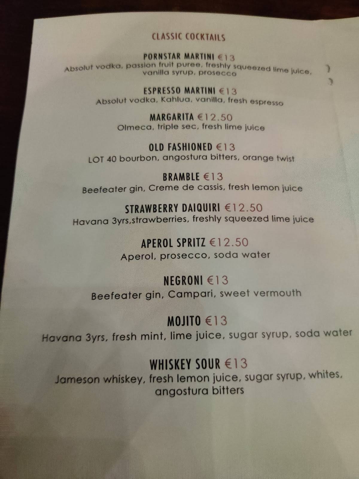Menu at The Bar With No Name, Dublin