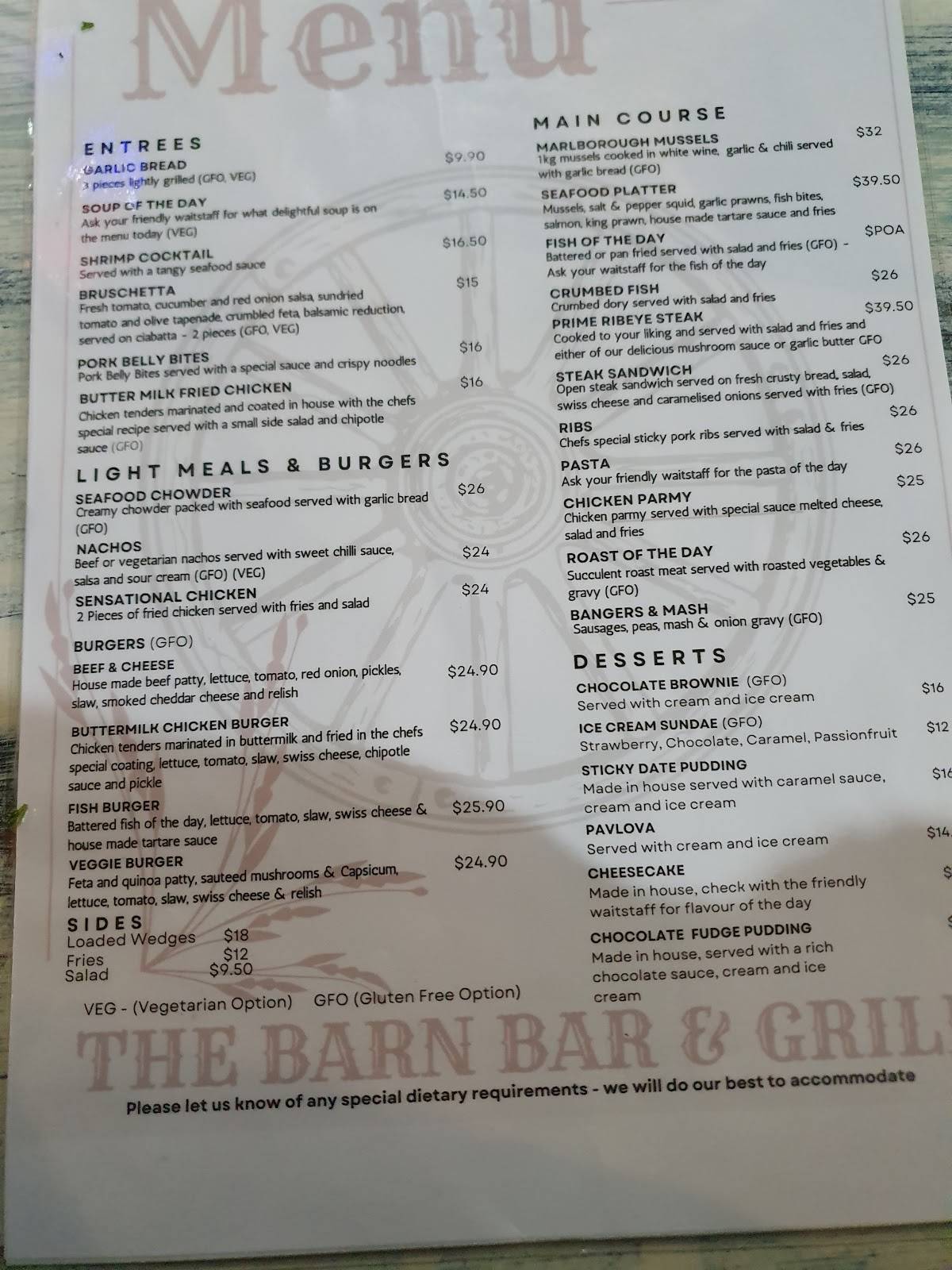 Menu at The Barn Bar & Grill, Picton