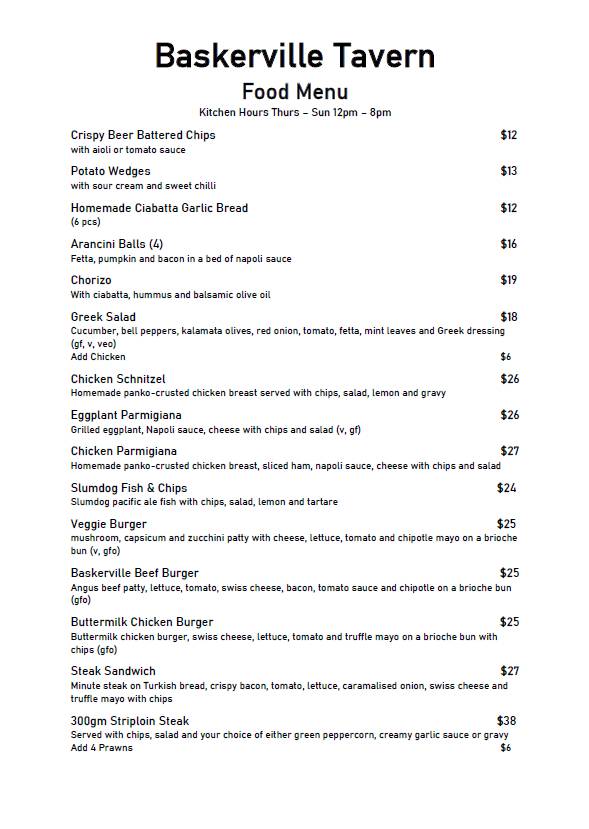 Menu at The Baskerville tavern pub & bar, Baskerville