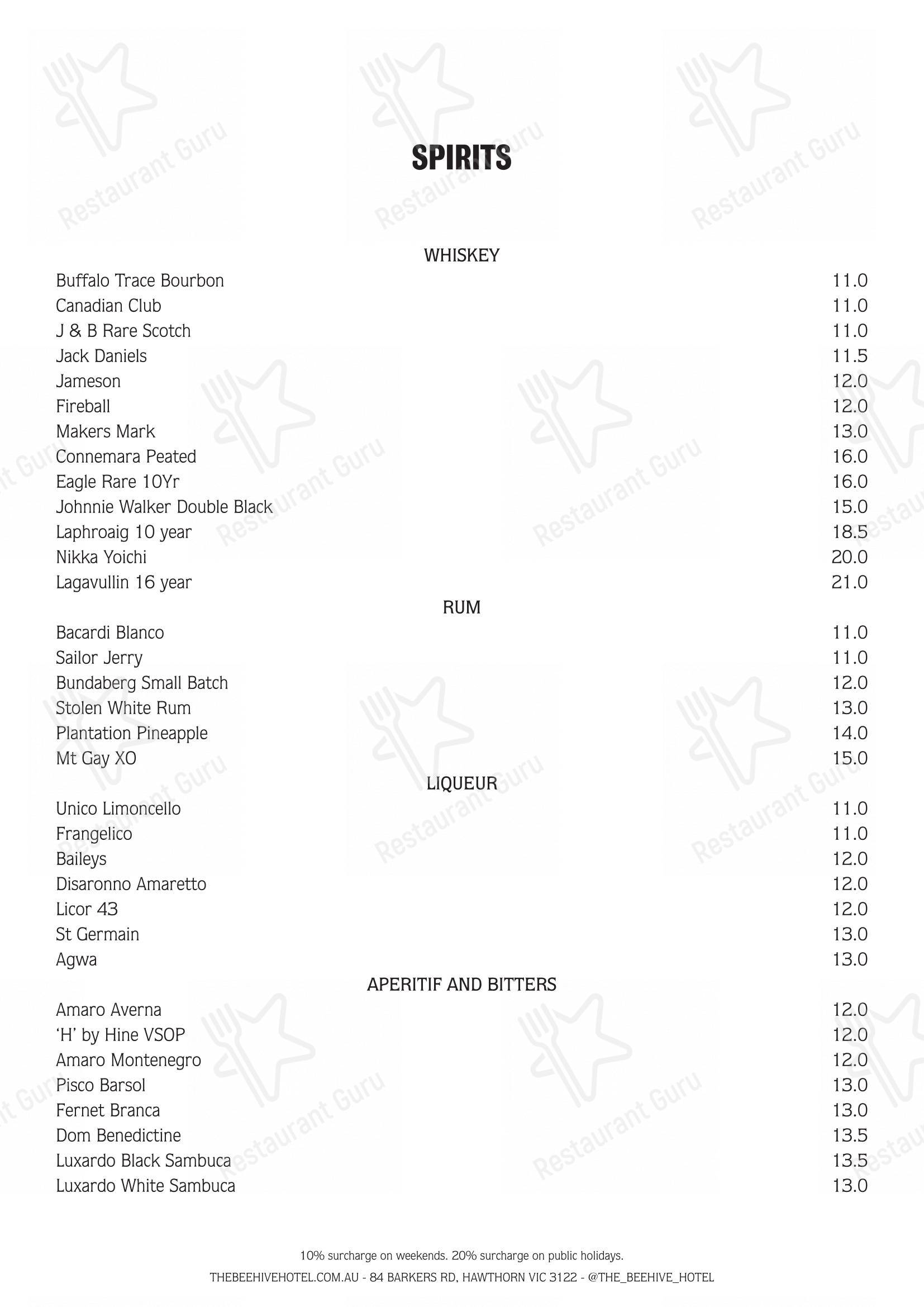 Menu at The Beehive Hotel restaurant, Hawthorn