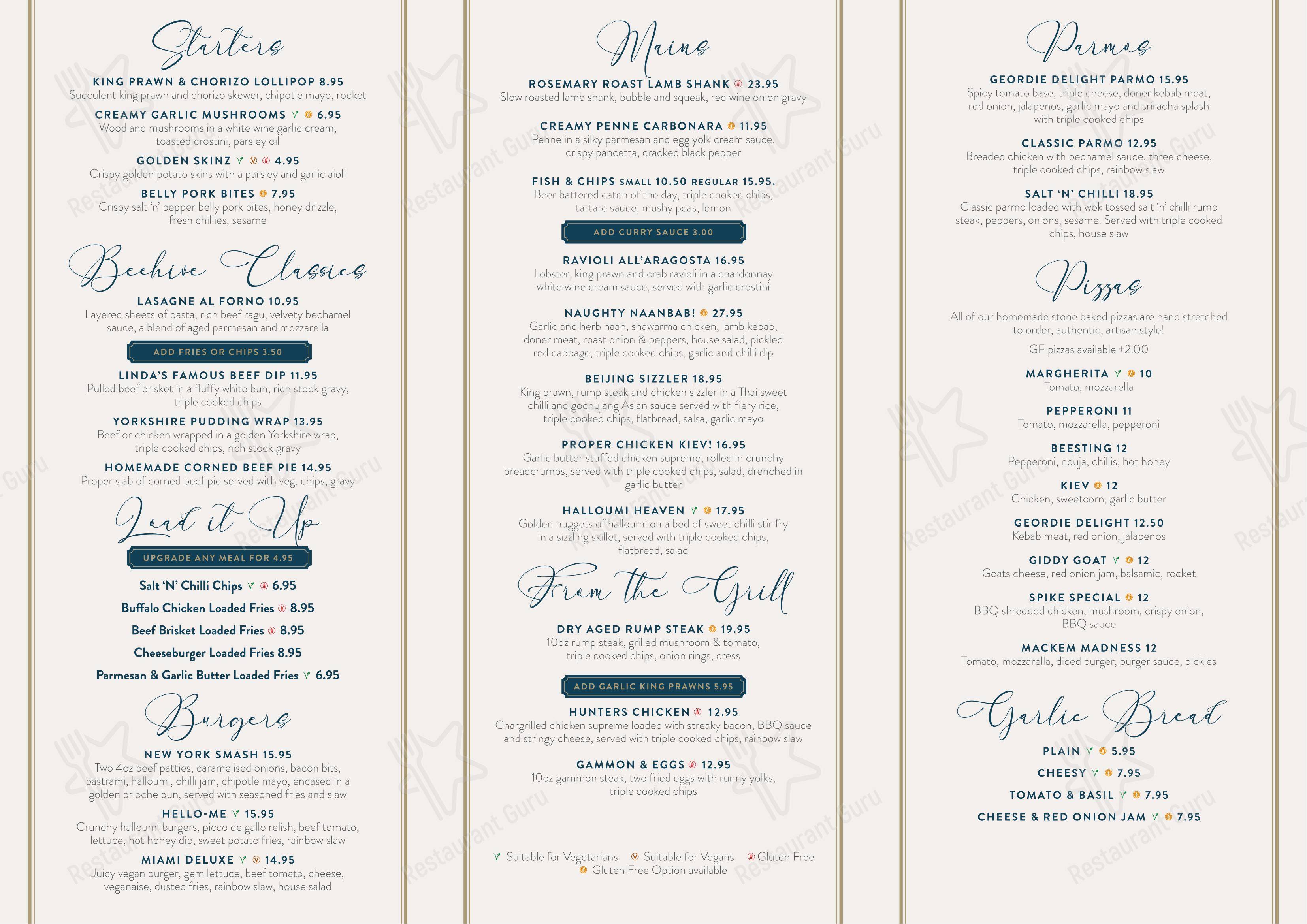 Carta de The Beehive Pub, Houghton le Spring, The Beehive pub