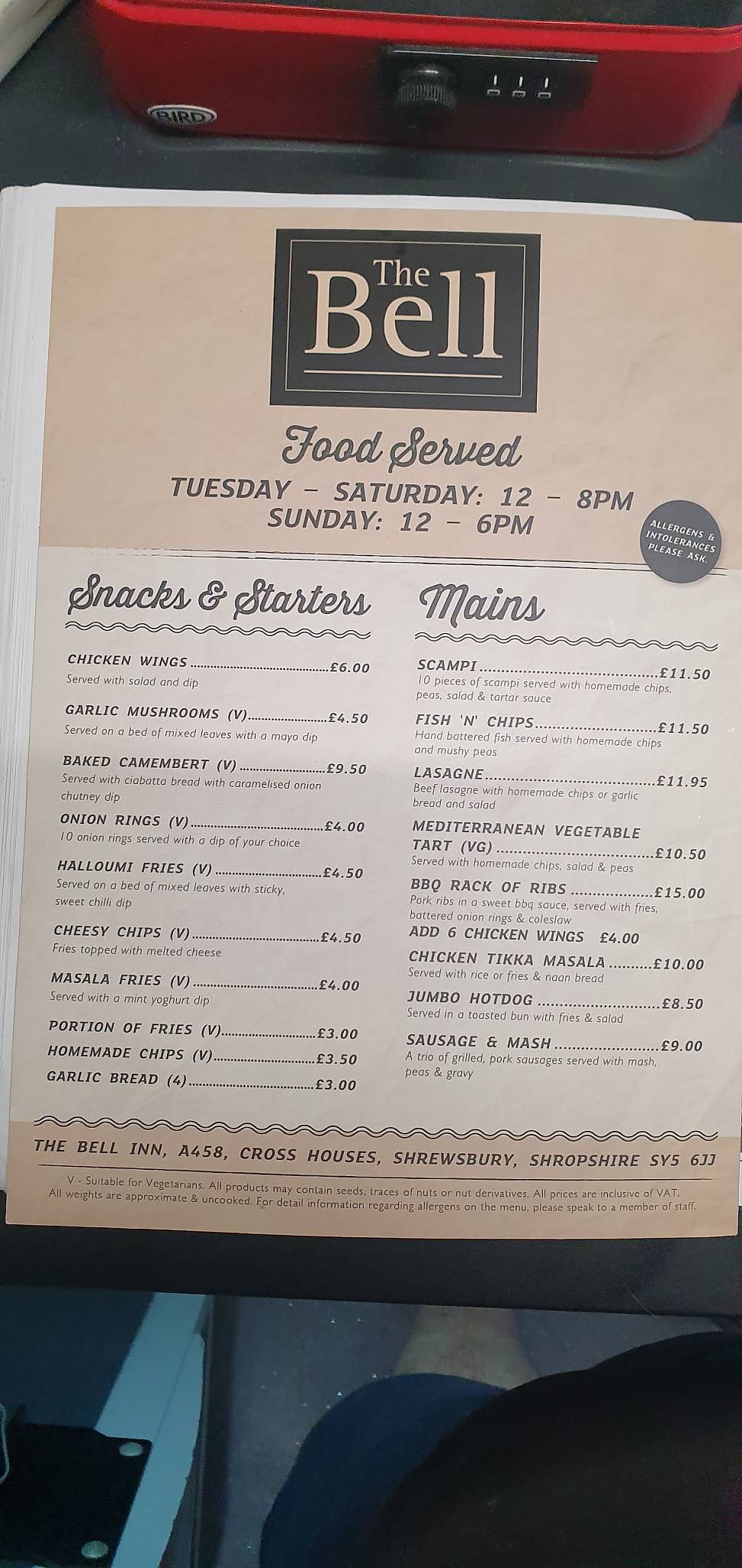Menu at The Bell Inn pub & bar, Shrewsbury