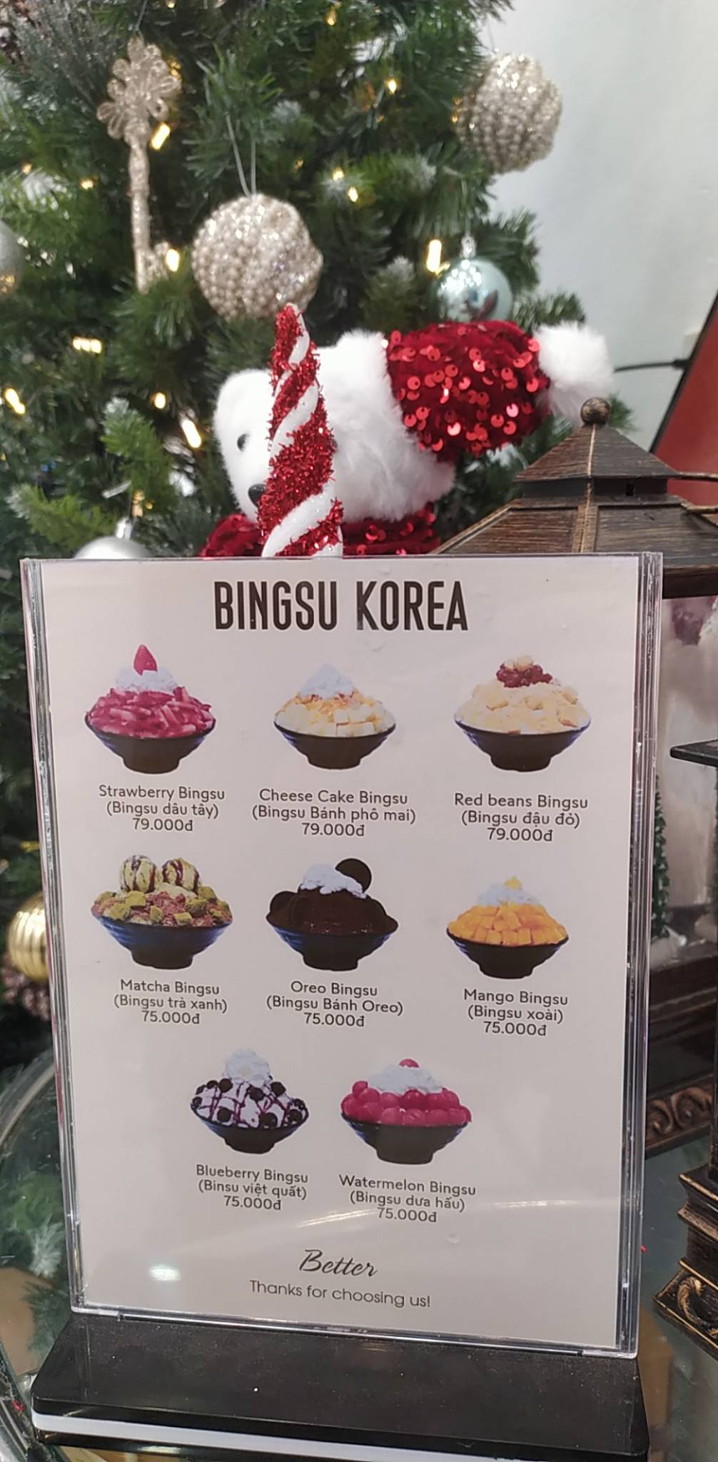 Menu at The Better (Bingsu & Coffee) cafe, Hanoi