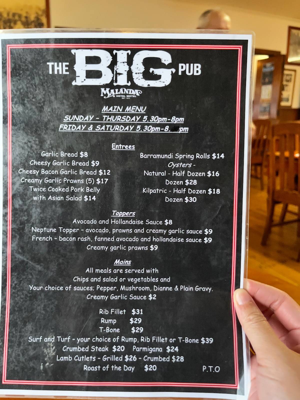 Menu at The Big Pub, Malanda