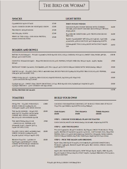 Menu at The Bird or Worm? pub & bar, Cambridge