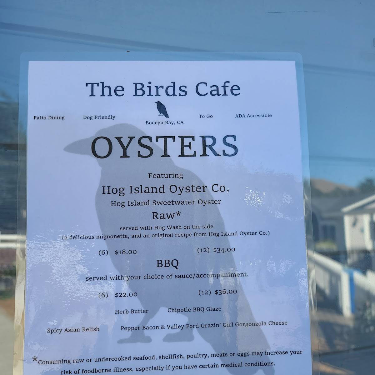 Menu at The Birds Cafe, Bodega Bay