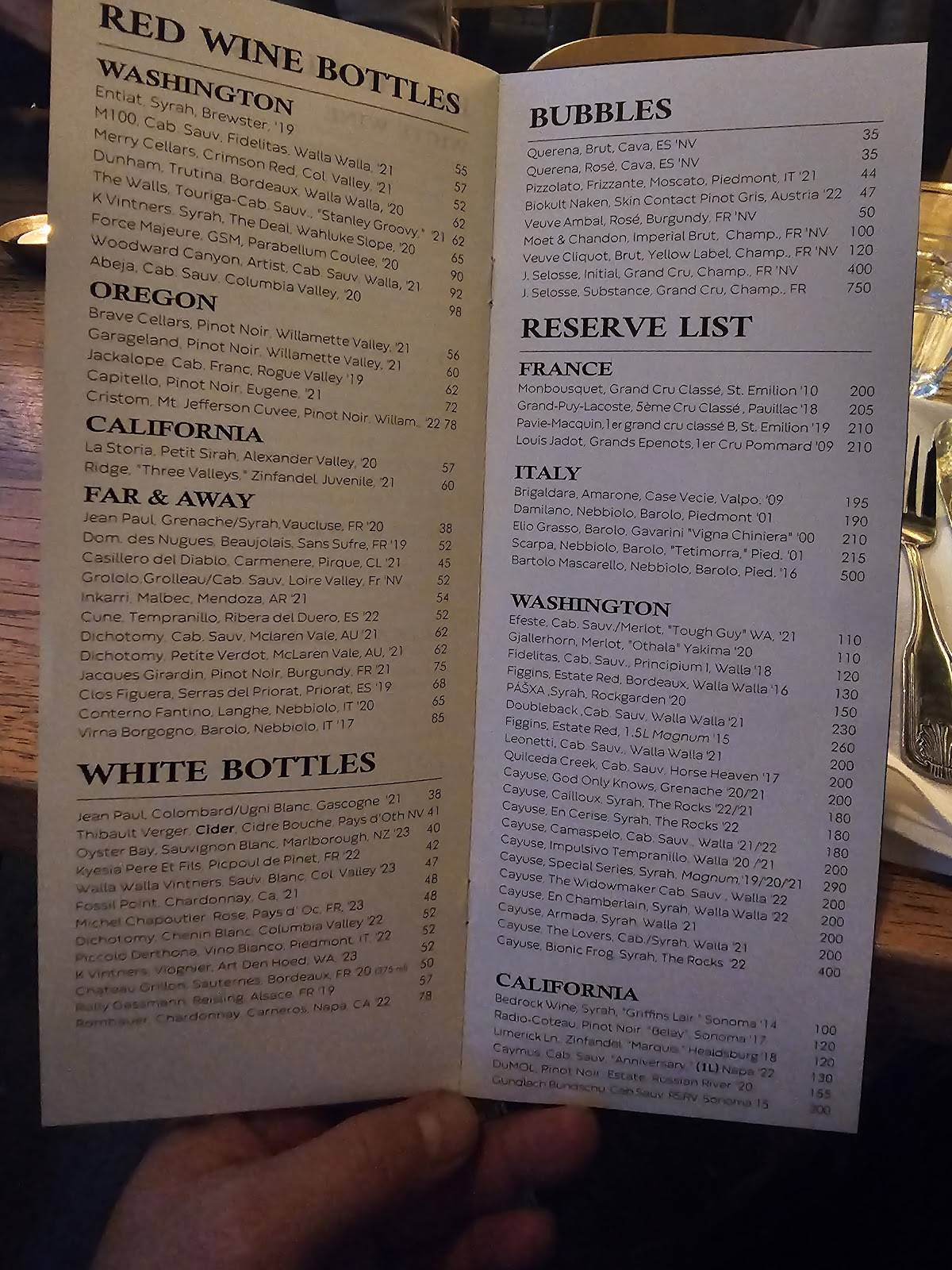 Menu at The Black Cypress restaurant, Pullman