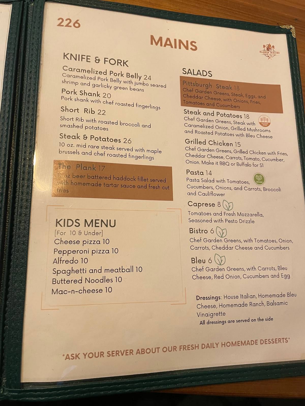 Menu at The Blonde Bistro Brew Works pizzeria, Zion, 226 Nittany Valley Dr