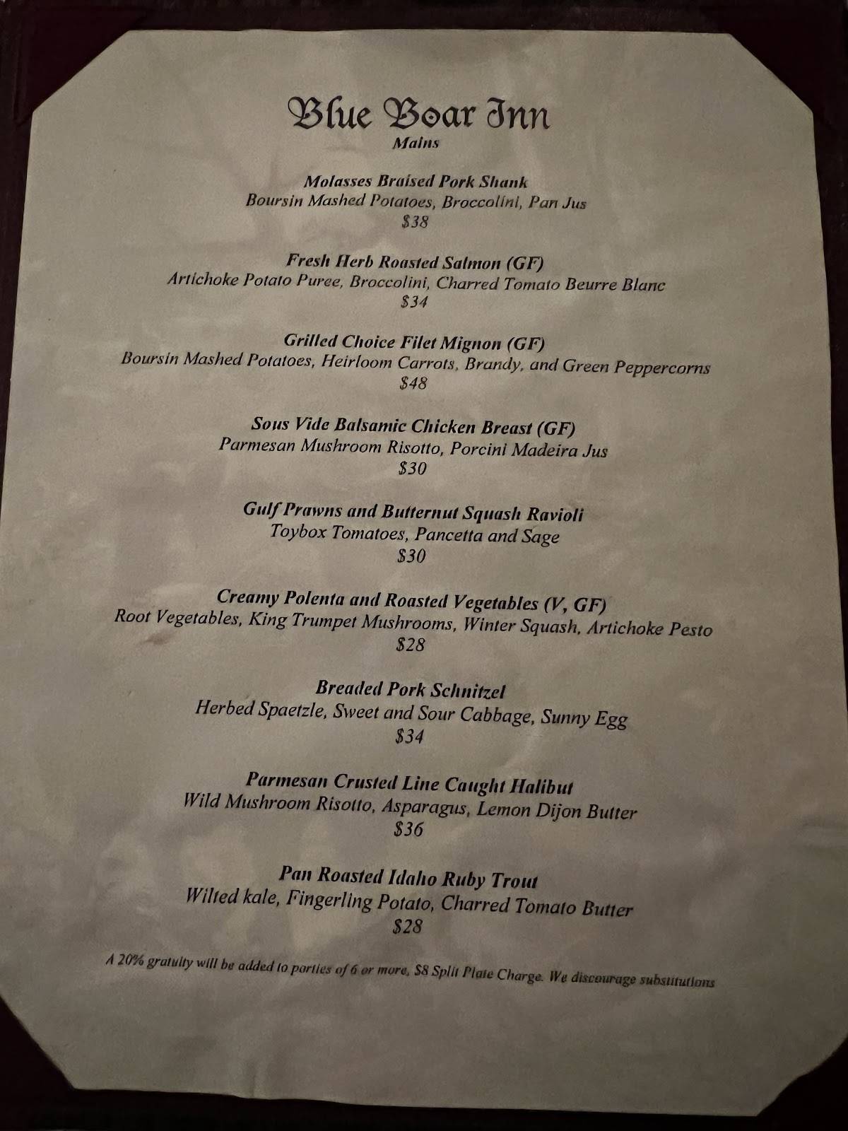 Menu at The Blue Boar Inn & Restaurant, Midway