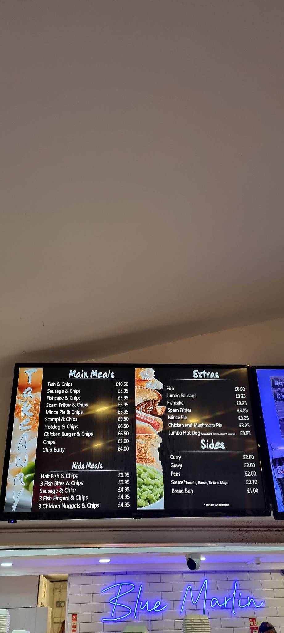 Menu at The Blue Marlin cafe, South Shields, Ocean Beach Amusement Park