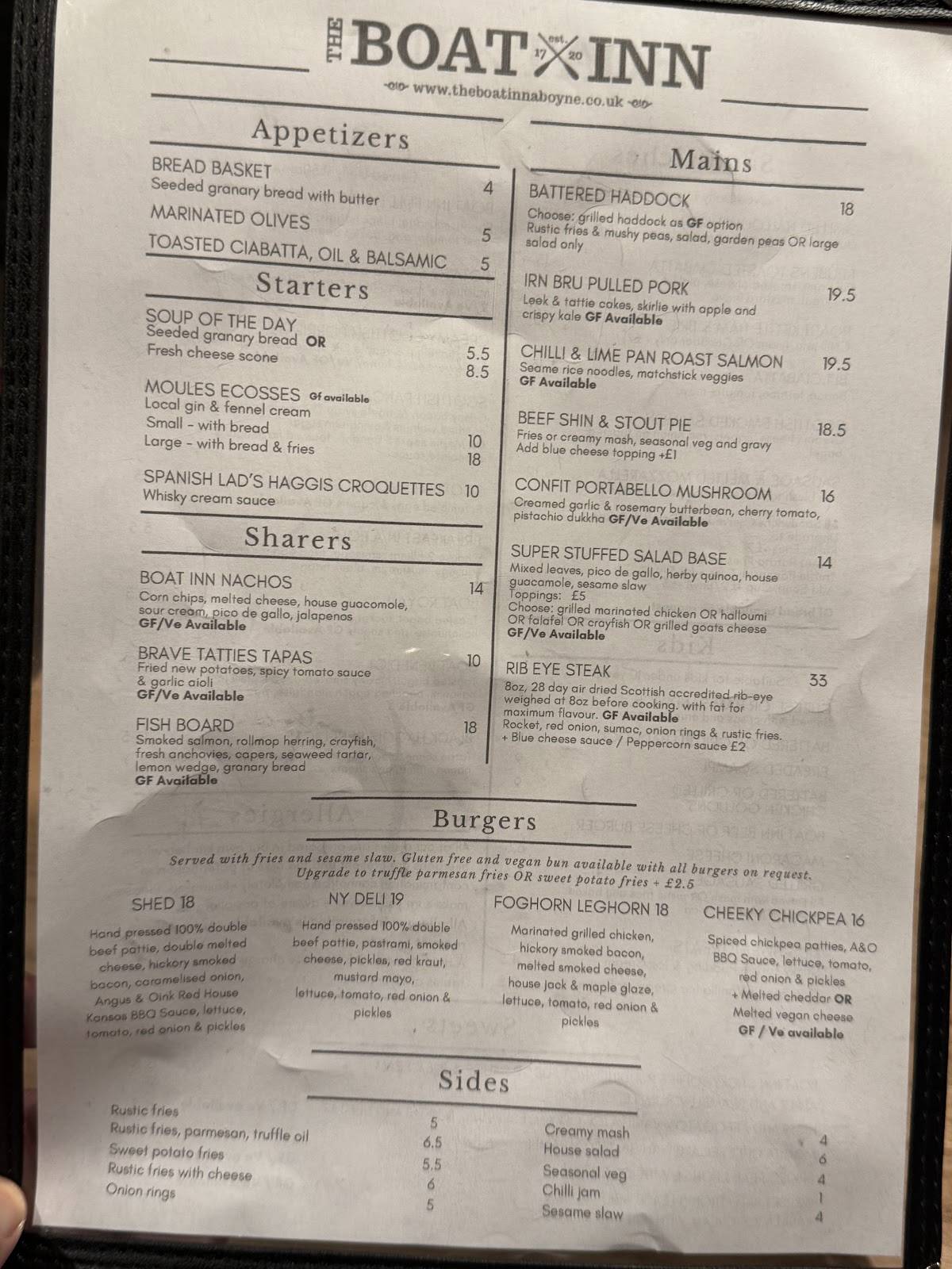 Menu at The Boat Inn restaurant, Aboyne