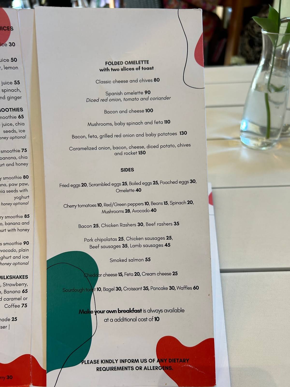 Menu at The Breakfast Room restaurant, Durban
