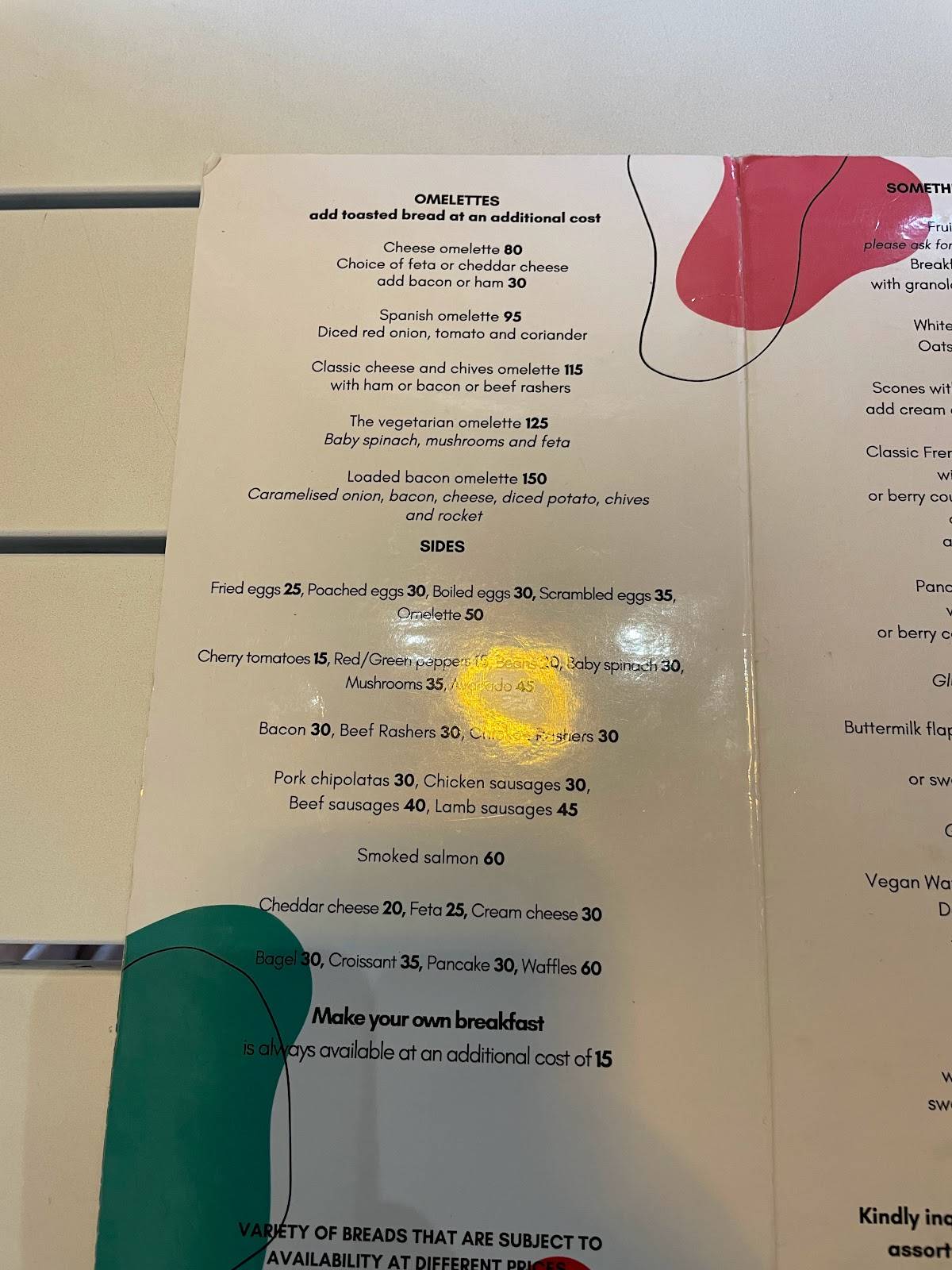 Menu at The Breakfast Room restaurant, Durban, 162 Mahatma Gandhi Rd
