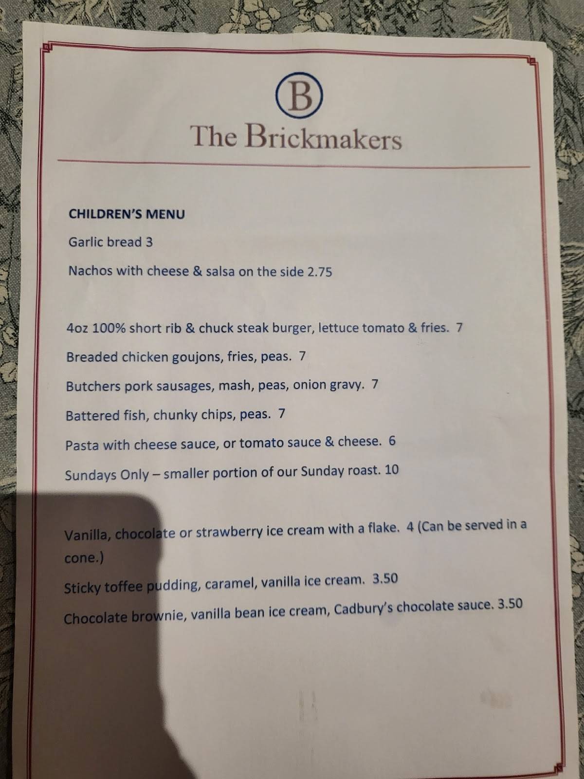 Menu at The Brickmakers pub & bar, Waltham Chase
