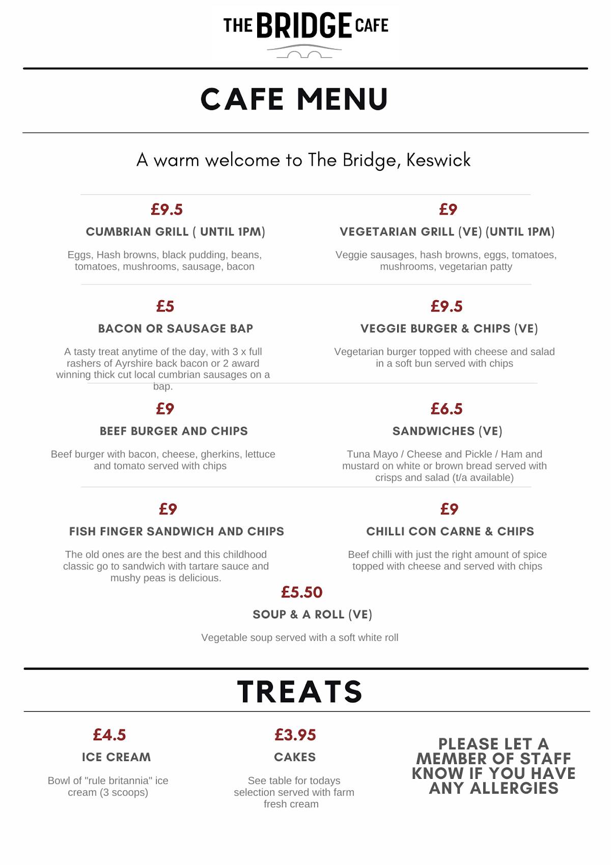 Menu at The Bridge Keswick cafe, Keswick