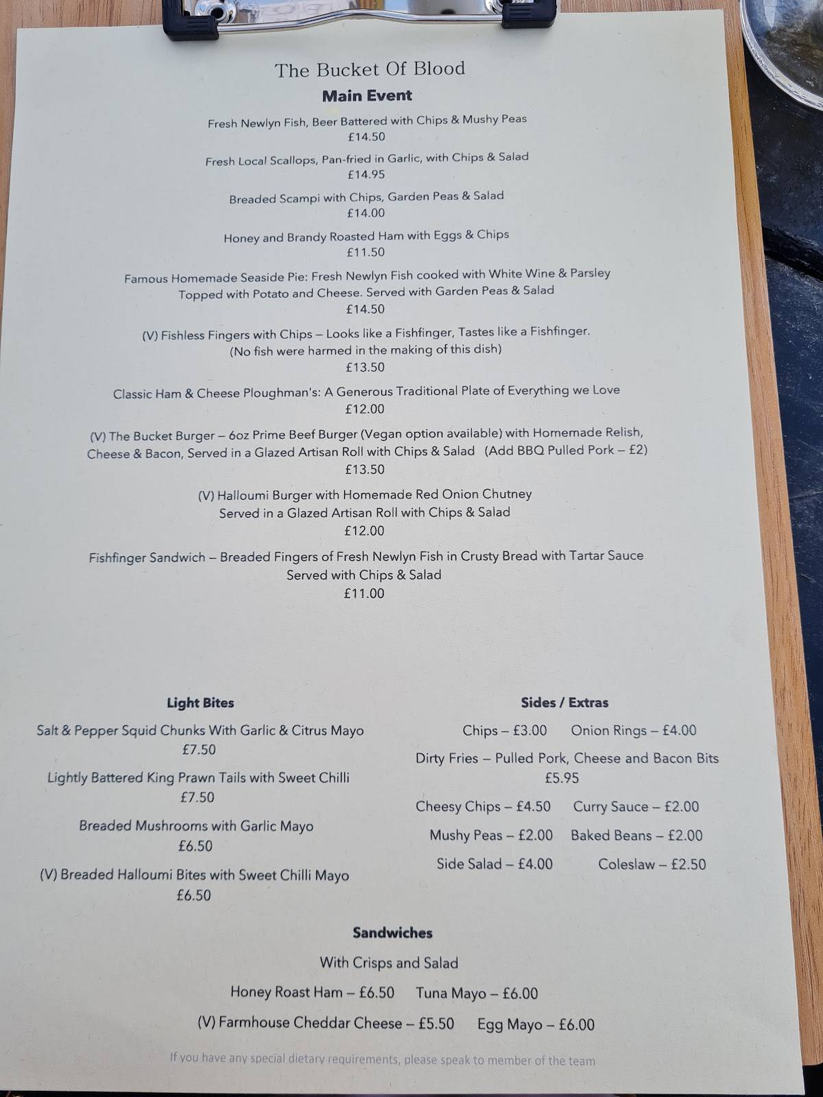 Menu at The Bucket of Blood pub & bar, Hayle
