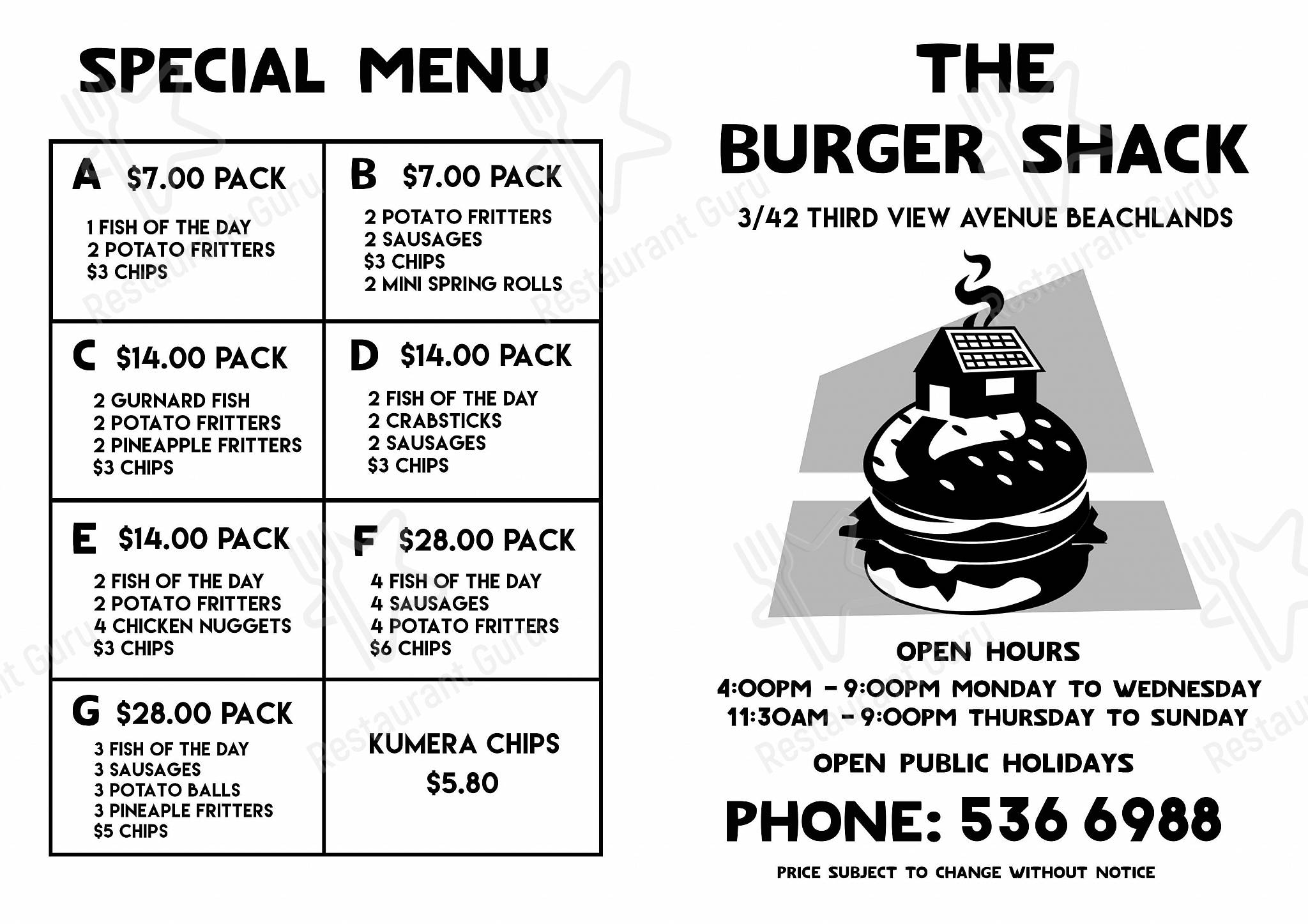 Menu at The Burger Shack restaurant, Auckland