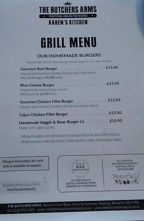 Menu at The Butchers Arms pub & bar, Reading, Blounts Ct Rd