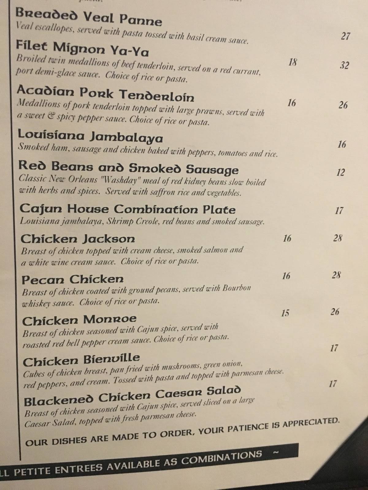 Menu at The Cajun House restaurant, St. Albert
