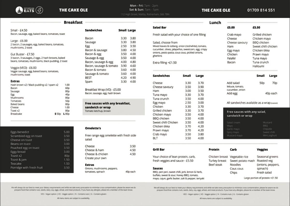 Menu at The Cake Ole cafe, Braithwell