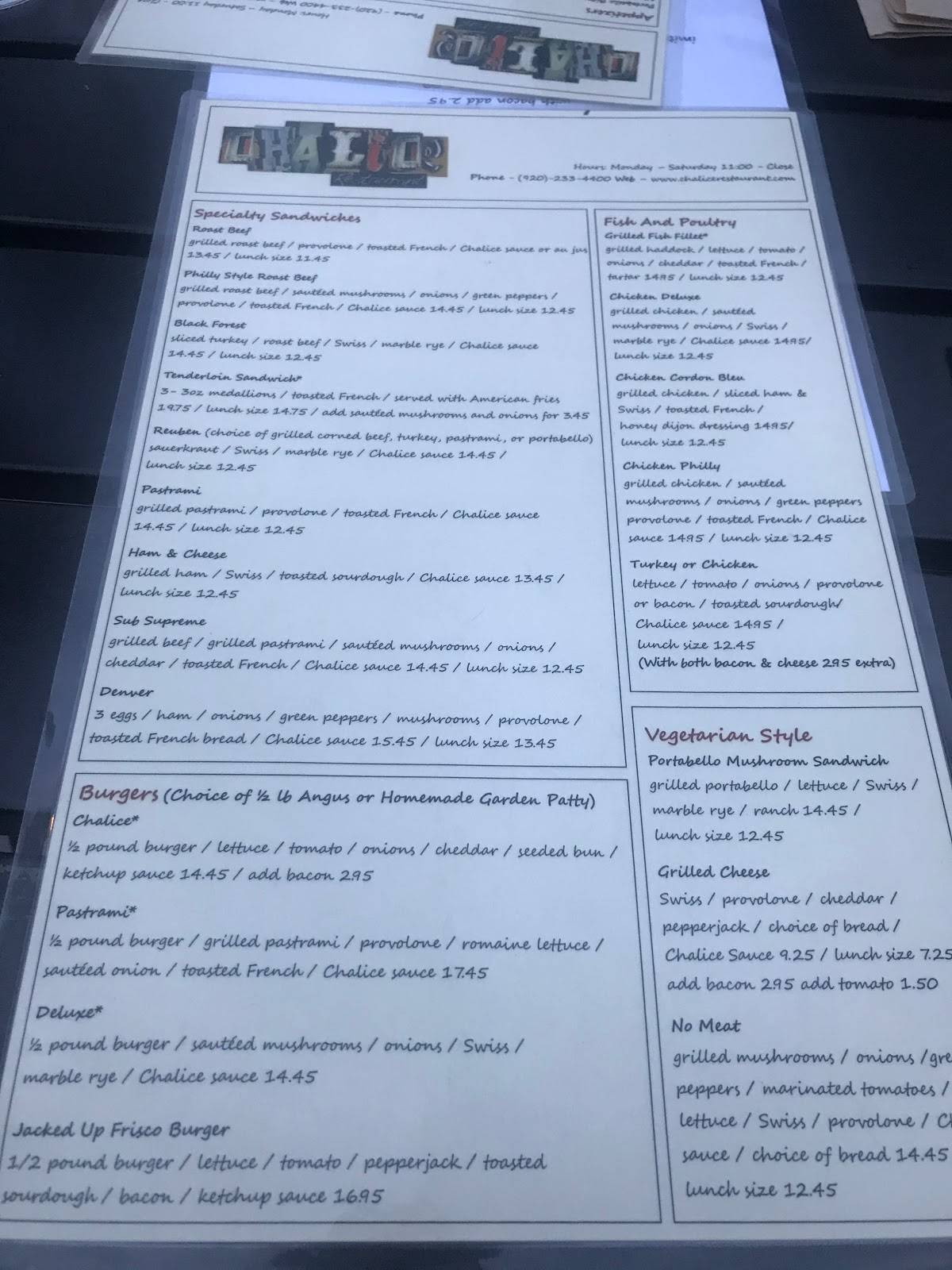 Menu at The Chalice pub & bar, Oshkosh