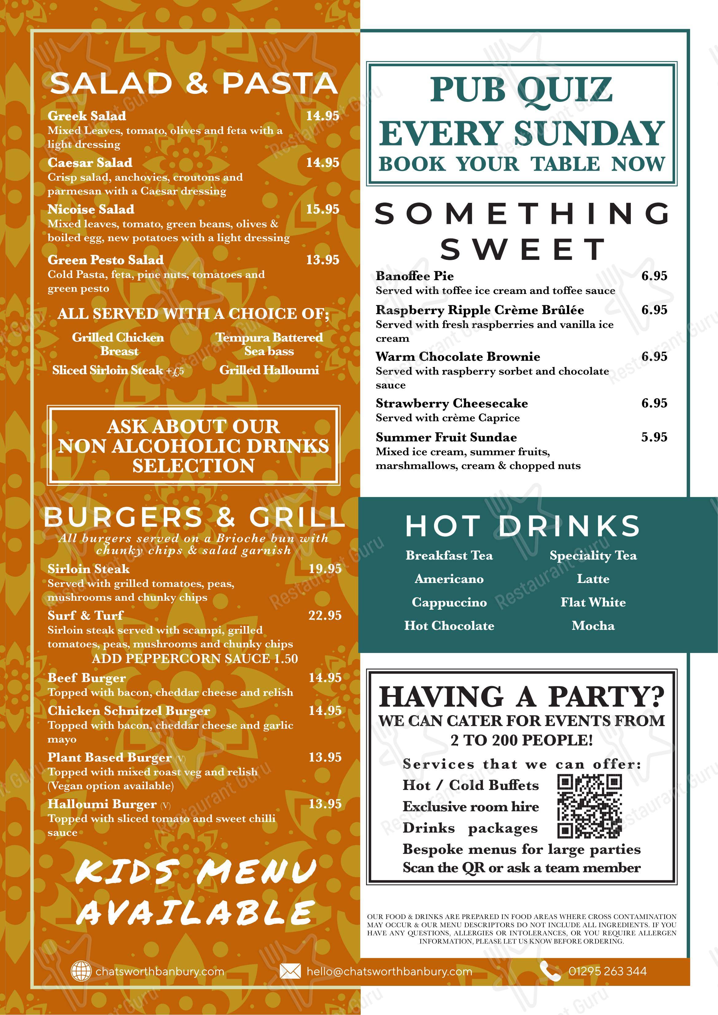 Menu at The Chatsworth pub & bar, Banbury
