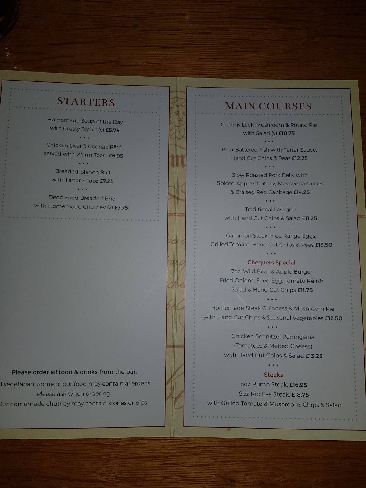 Menu at The Chequers restaurant, Watlington