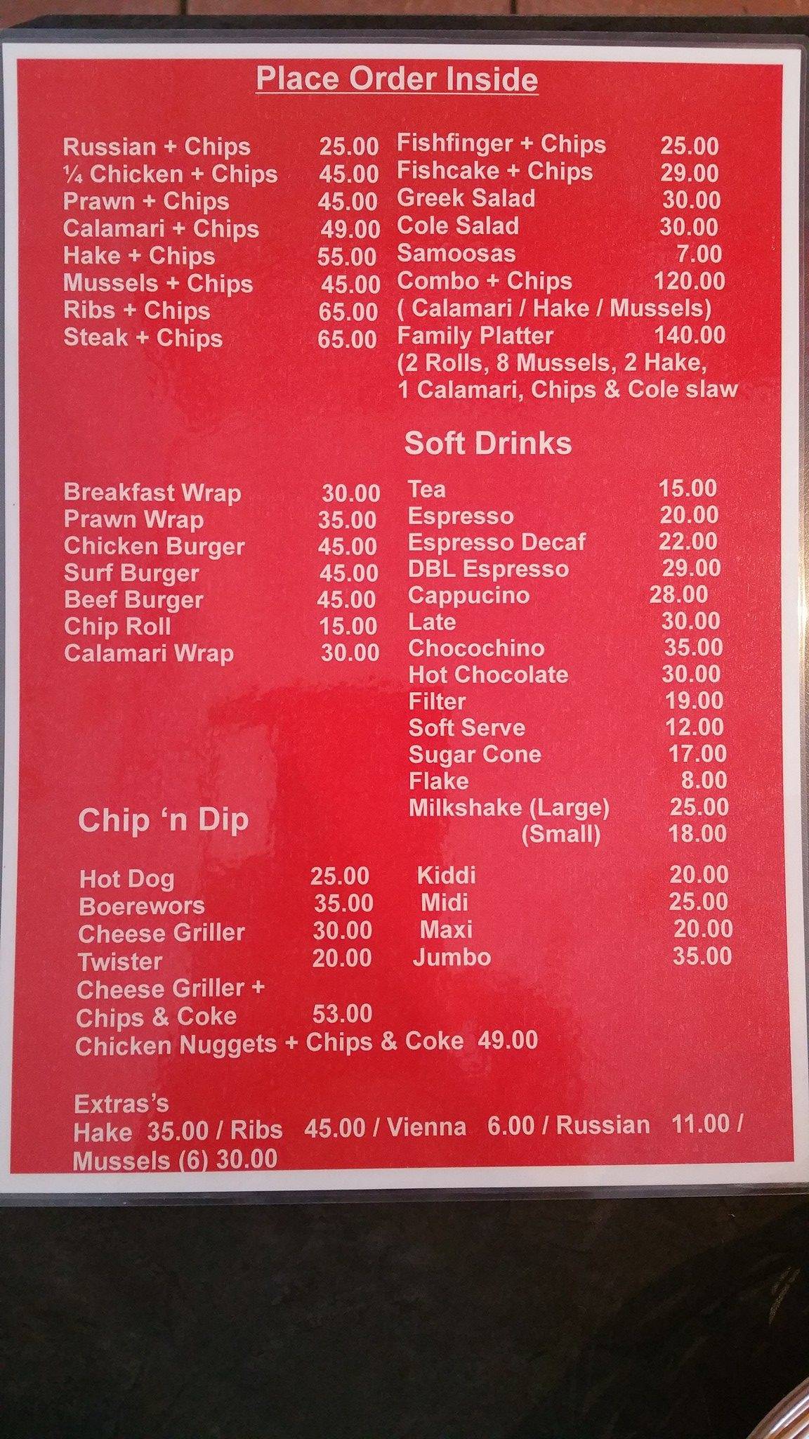 Carta del restaurante The Chip n Dip Spot Langebaan, Langebaan
