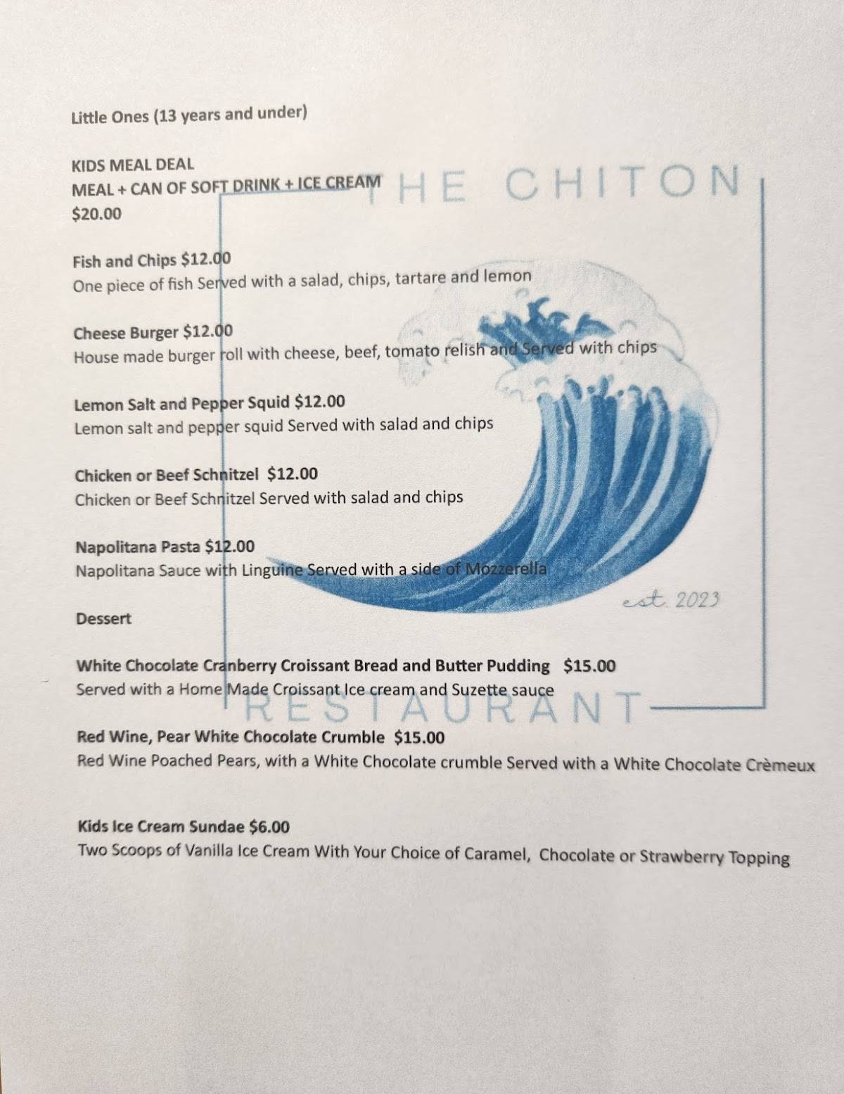 Menu at The Chiton Restaurant, Hayborough