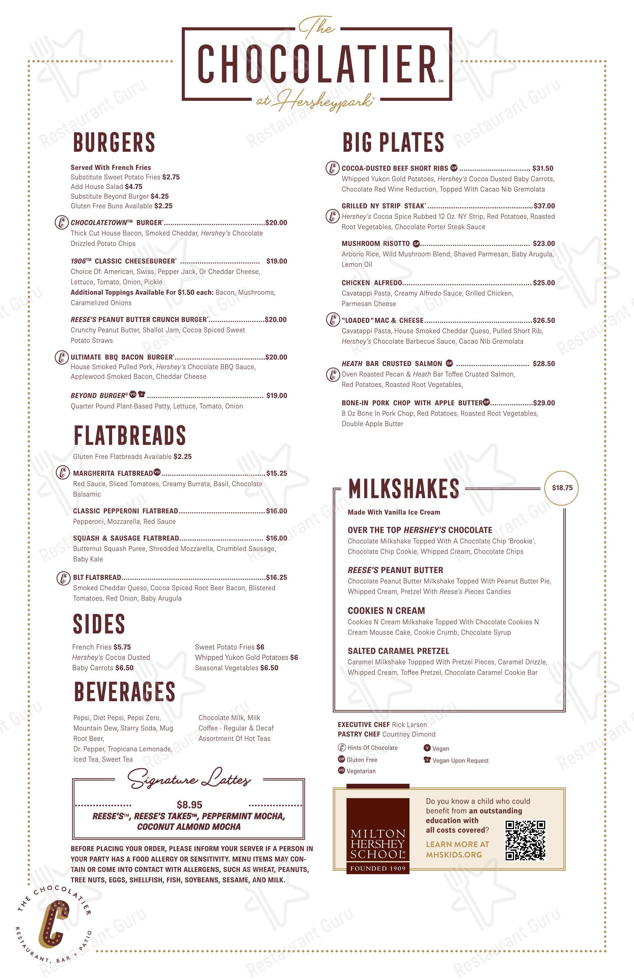 Menu at The Chocolatier pub & bar, Hershey, 100 Hersheypark Dr