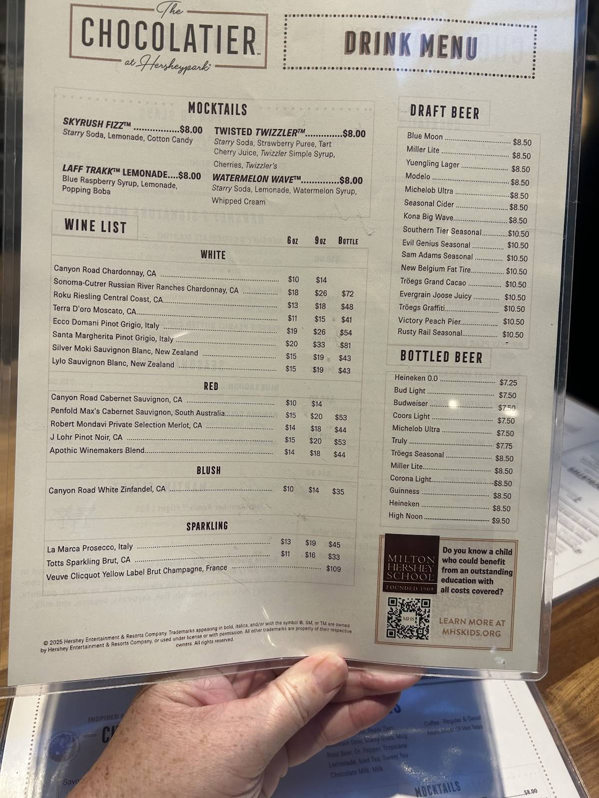 Menu at The Chocolatier pub & bar, Hershey, 100 Hersheypark Dr