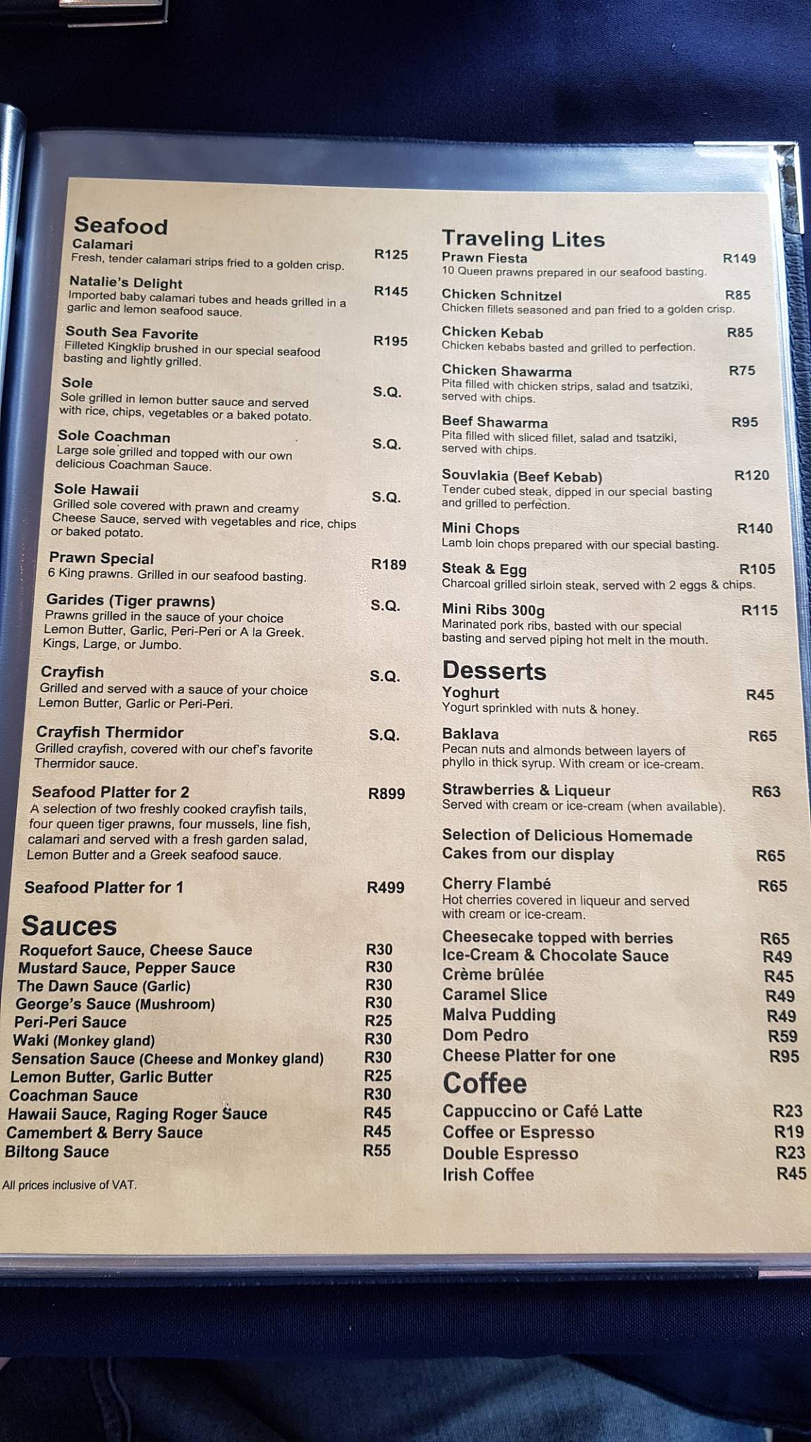 Menu at The Coachman Restaurant, Port Elizabeth, Brookes on the bay