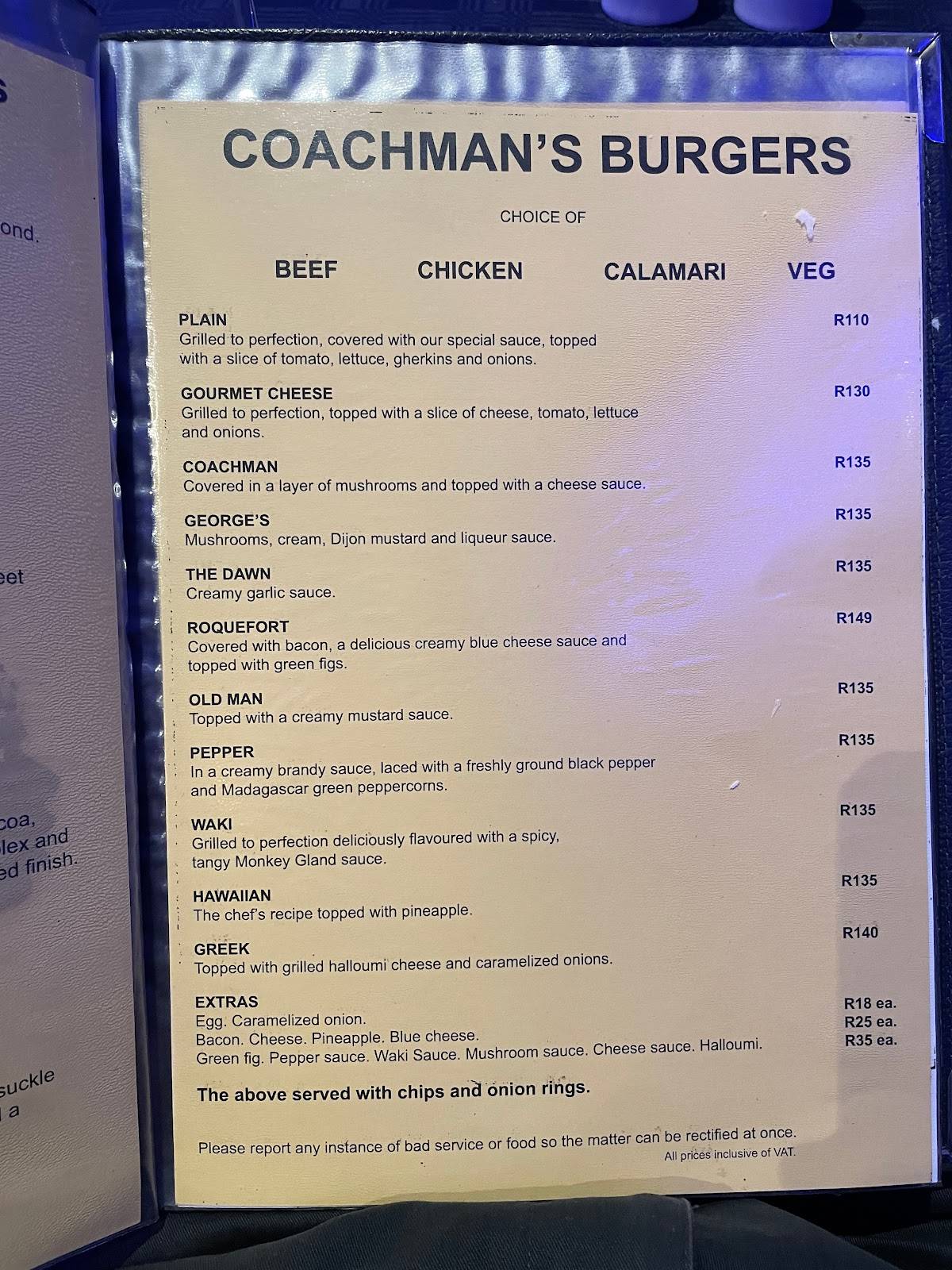 Menu at The Coachman Restaurant, Port Elizabeth, Brookes on the bay