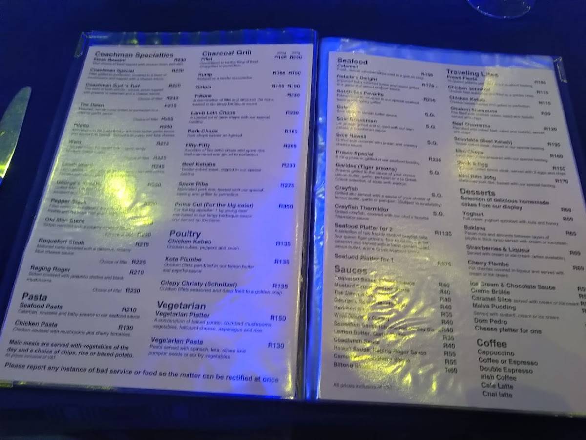 Menu at The Coachman Restaurant, Port Elizabeth, Brookes on the bay