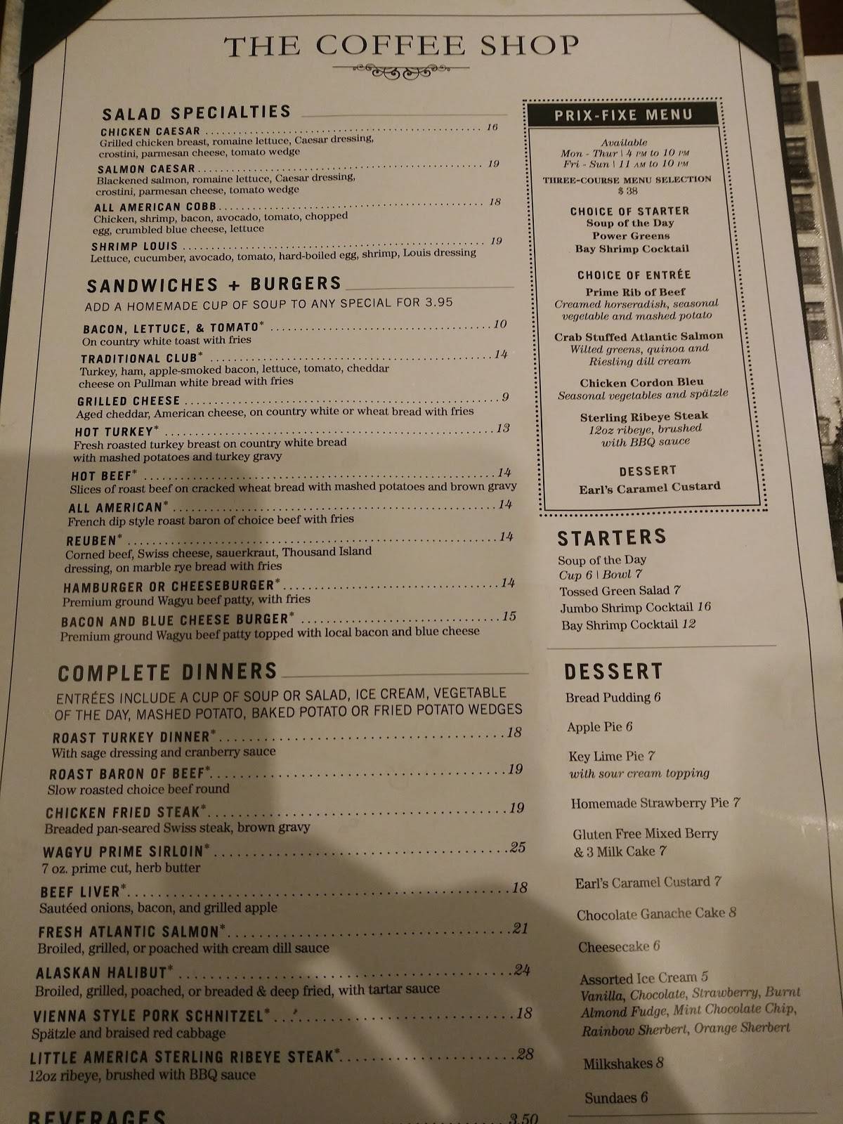 Menu at The Coffee Shop at Little America Hotel restaurant, Salt Lake City
