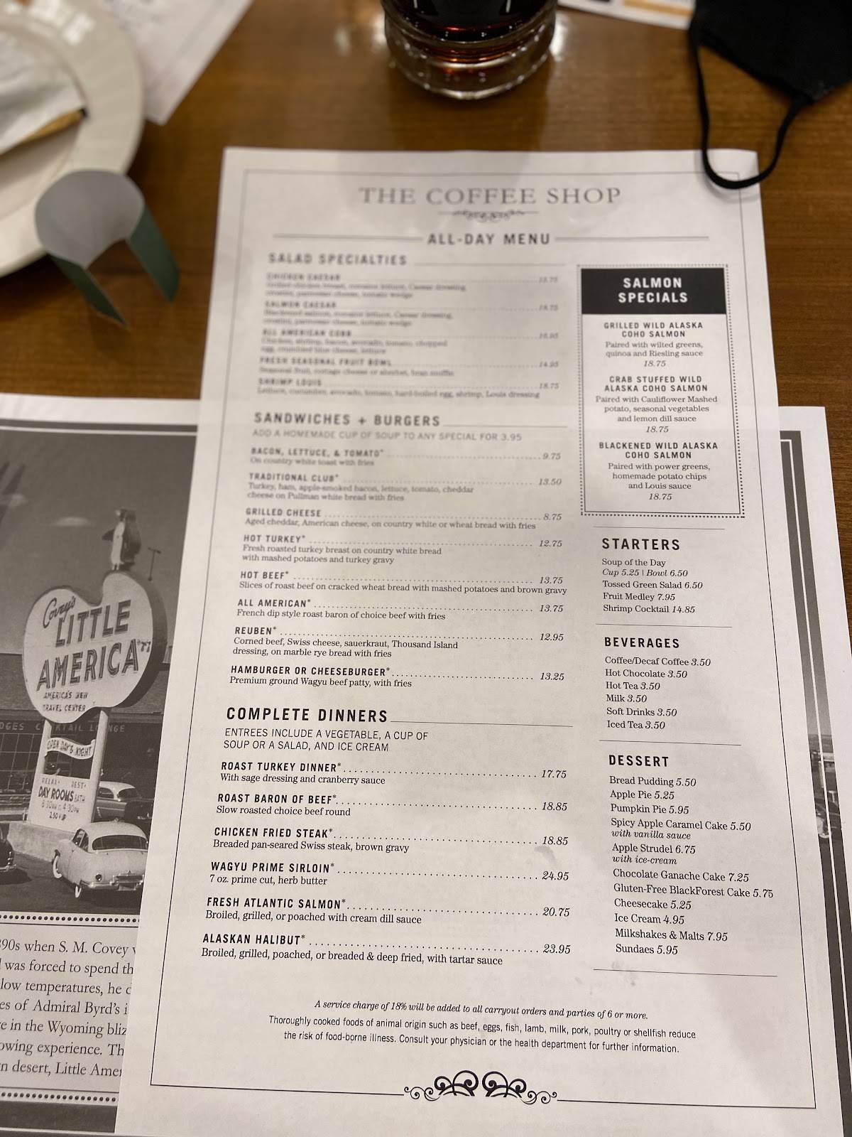 Menu at The Coffee Shop at Little America Hotel restaurant, Salt Lake City