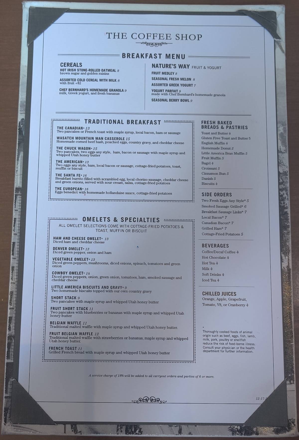 Menu at The Coffee Shop at Little America Hotel restaurant, Salt Lake City