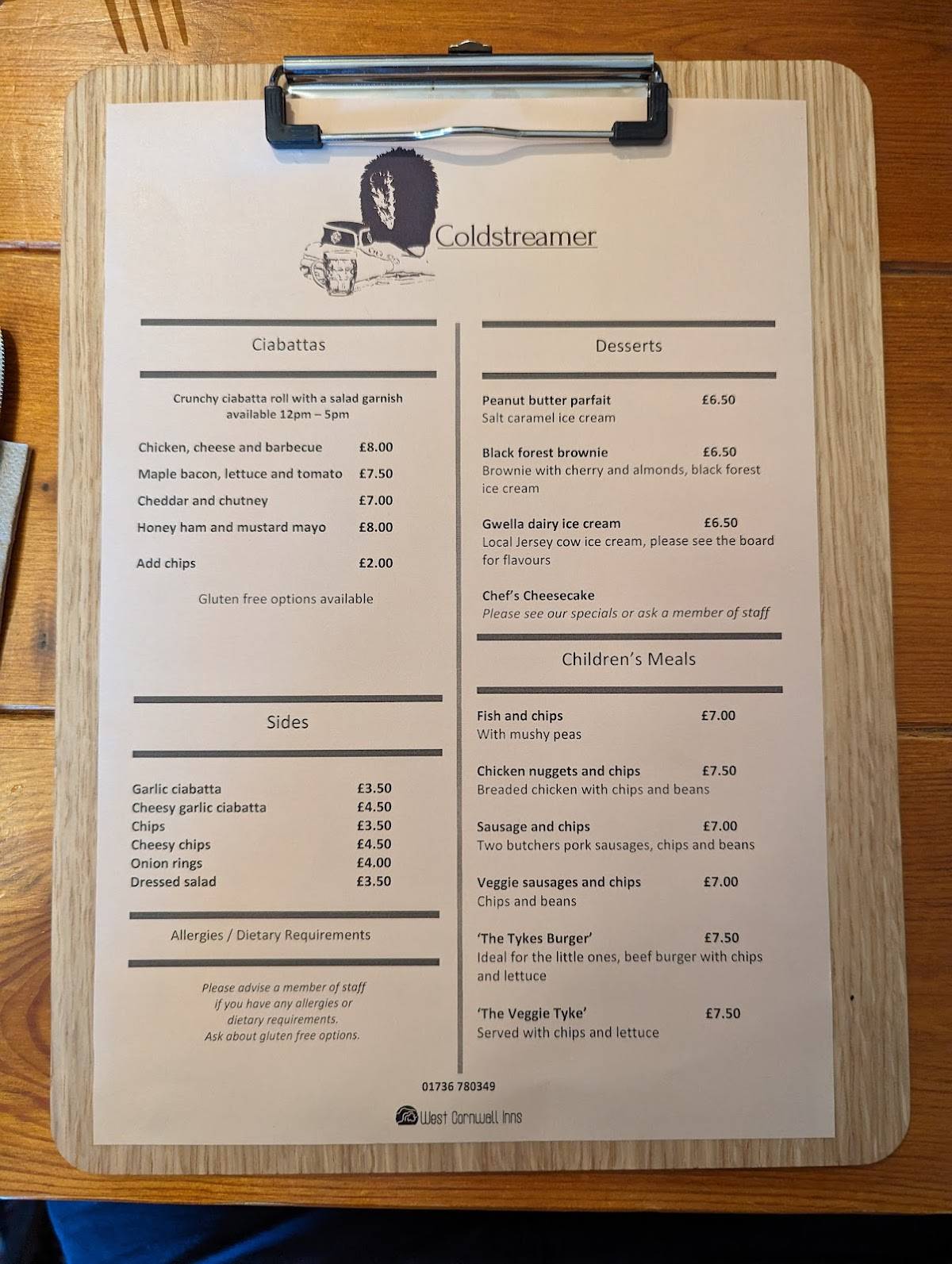 Menu at The Coldstreamer Inn, Gulval pub & bar, Penzance
