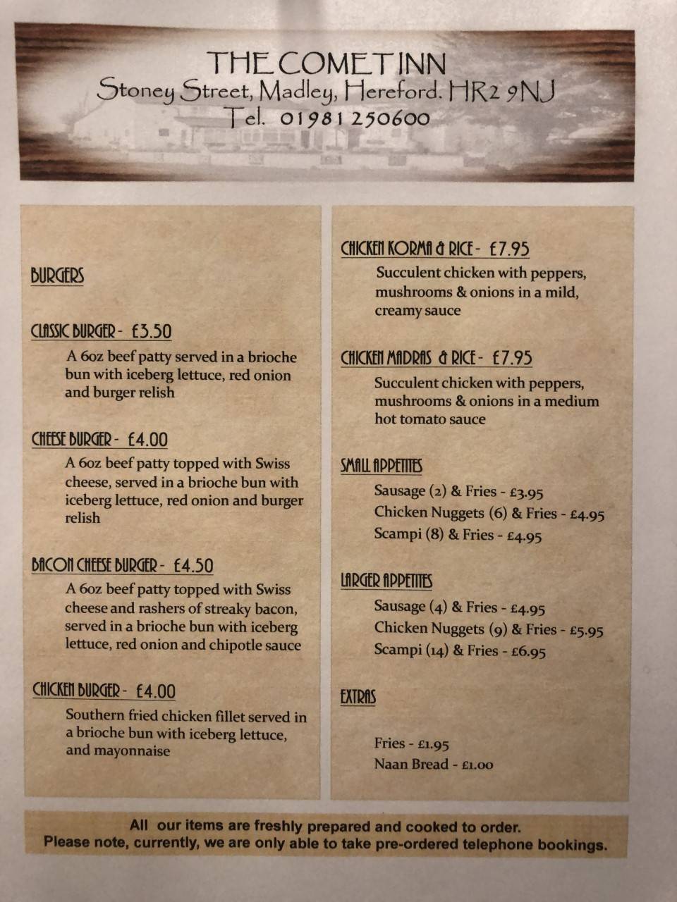 Menu at The Comet Inn pub & bar, Clehonger, 1 Stoney Street Cottages