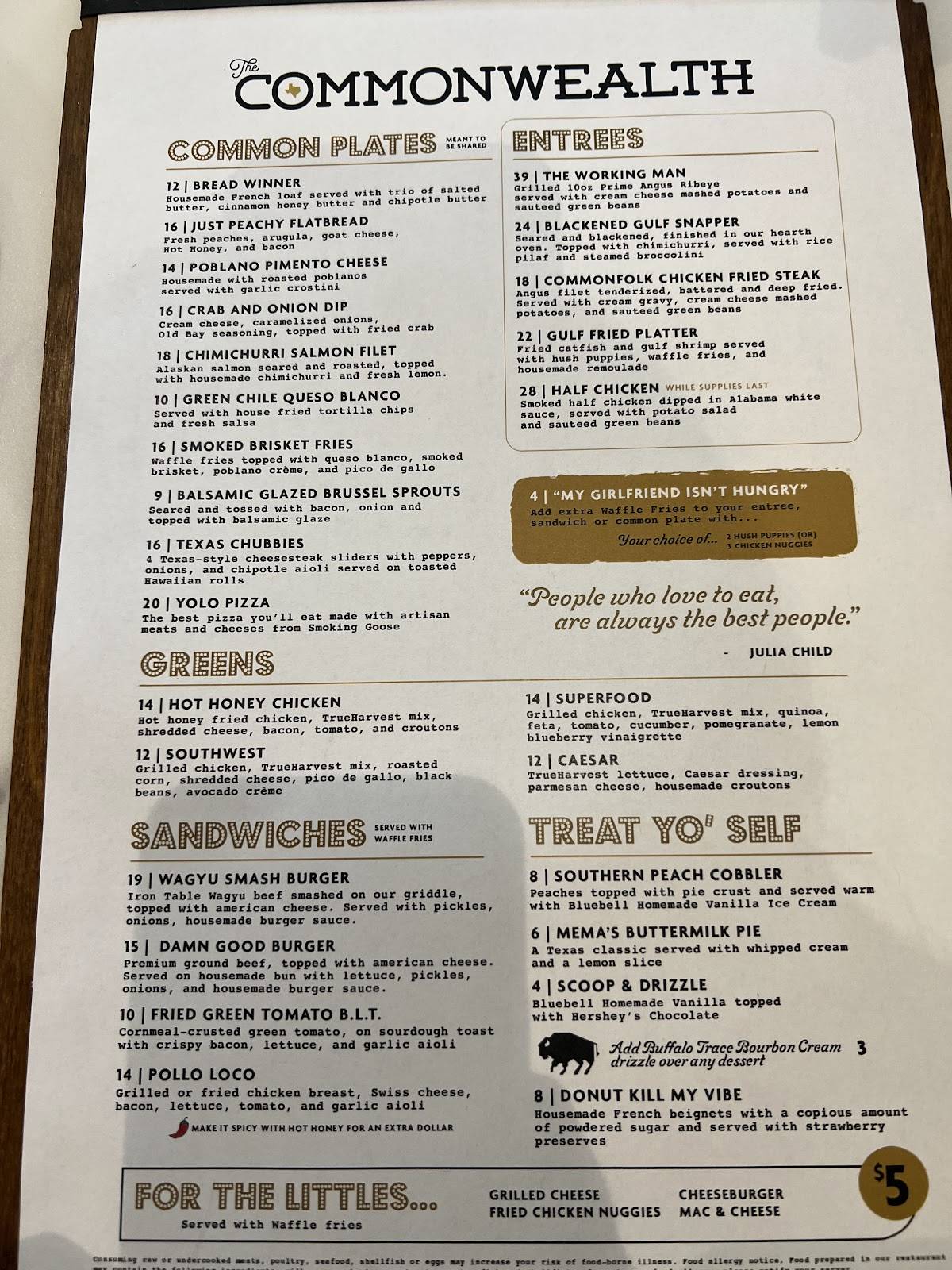 Menu at The Commonwealth Texas restaurant, Temple
