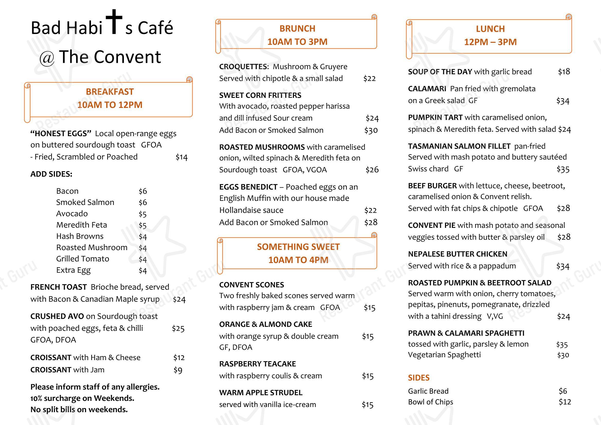 Menu at The Convent cafe, Daylesford