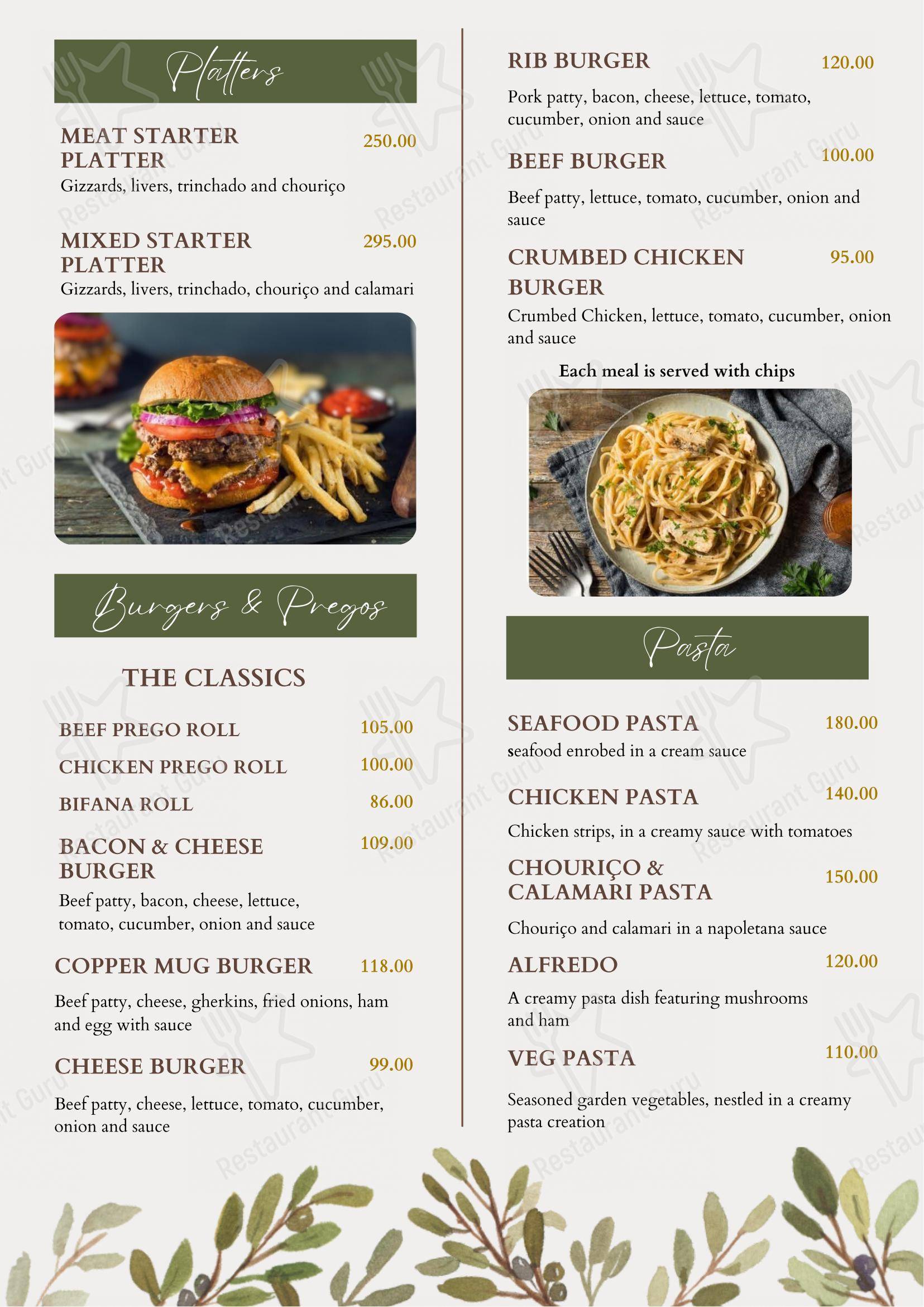 Menu at The Copper Mug restaurant, Johannesburg South